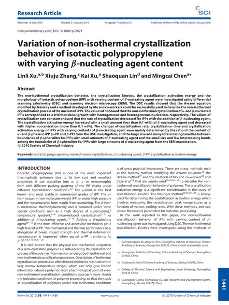 Pdf Variation Of Non Isothermal Crystallization Behavior Of Isotactic Polypropylene With