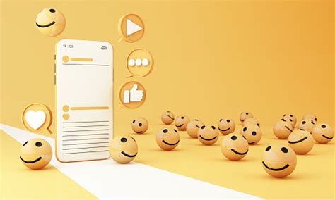 화면에 웃는 얼굴 이모티콘 아이콘 버블 볼 모양과 프레임 메시지와 스마트 폰 소셜 네트워크 모바일 장치 개념 그래픽 웹 사이트 웹 배너 노란색 배경 3d 렌더링