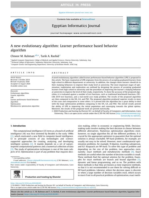 A New Evolutionary Algorithm Learner Performance B Pdf Mathematical Optimization Metaheuristic