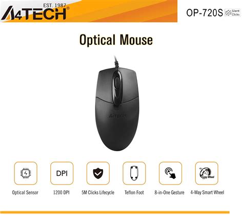 A4tech Op 720s Wired Optical Mouse Silent Click 1200 Dpi 4 Way Dust Resistant Wheel Usb Ps2