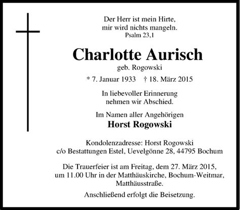 Traueranzeigen Von Charlotte Aurisch Trauer In Nrw De