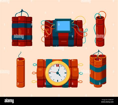 Dynamite. Dangerous symbols red dynamite sticks with timer for bomb explosion vector cartoon ...