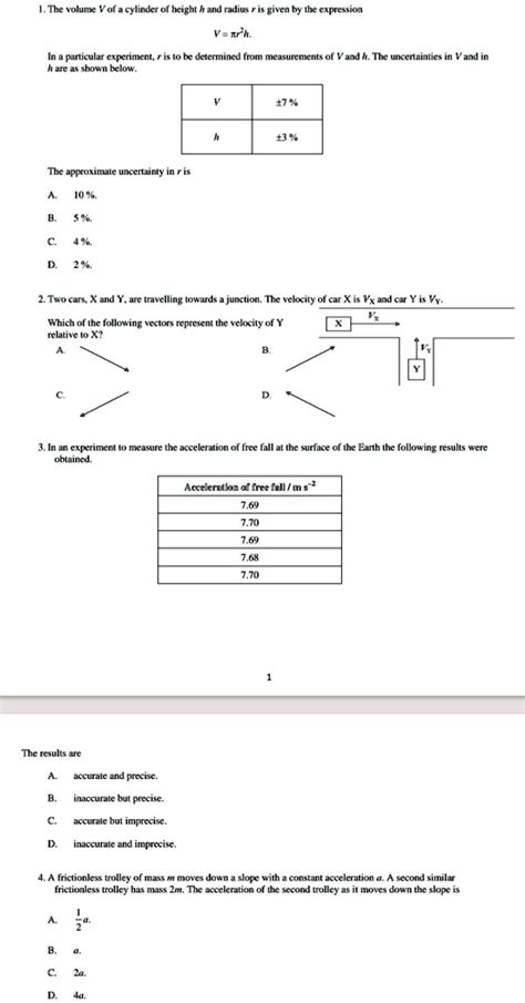 SOLVED 1 The volume V of a cylinder of height h and radius r is given by the expression V Ï