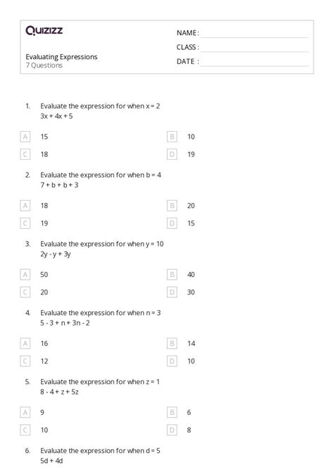 50 Evaluating Expressions Worksheets For Kindergarten On Quizizz