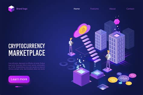 암호 화폐 마켓 플레이스 방문 페이지 벡터 템플릿입니다 아이소메트릭 일러스트가 있는 디지털 환전 플랫폼 웹 사이트 홈페이지 Ui