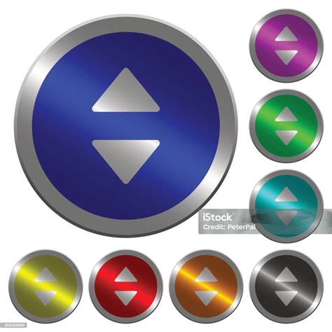 수직 컨트롤 화살표 빛나는 동전 모양의 라운드 컬러 버튼 가장자리에 대한 스톡 벡터 아트 및 기타 이미지 가장자리 강철