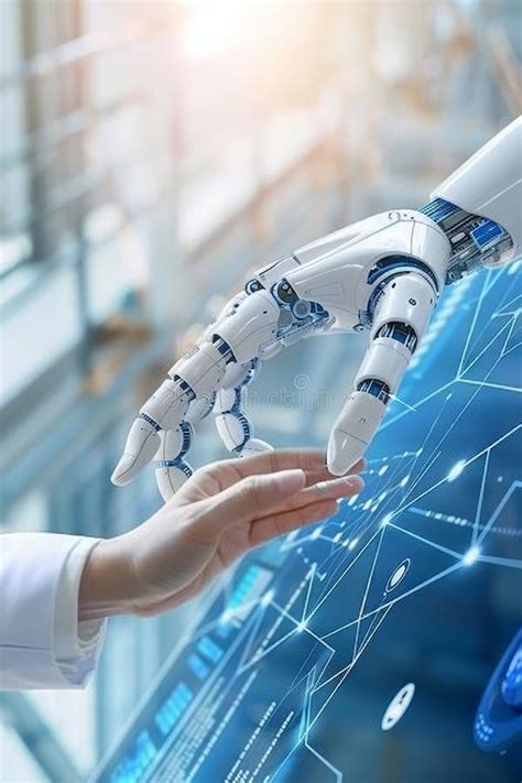 Robot And Human Hands Touching With Big Data Network Connection In The
