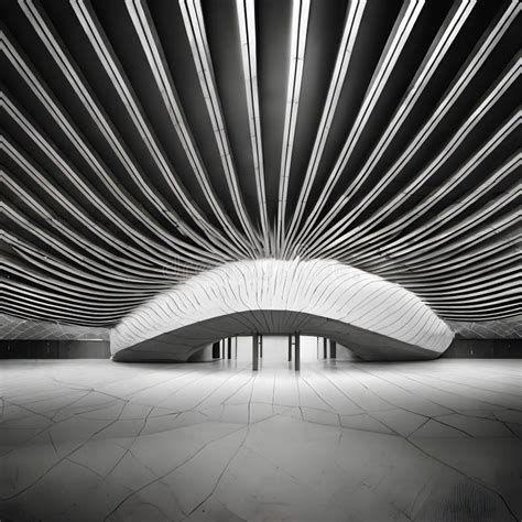 Futuristic Architectural Interior With Curved Structure And Radiating Ceiling Stock Illustration