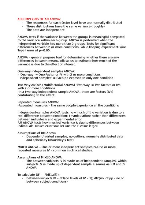 Assumptions OF AN Anova ASSUMPTIONS OF AN ANOVA The Responses For Each Factor Level Have Are