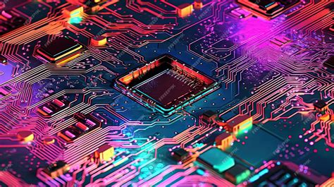 Premium Ai Image Motherboard With Chips And Connections In Purple And Blue Neon Lights