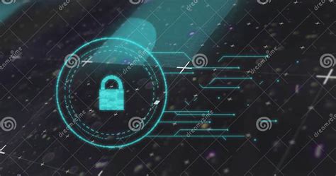 Light Trails Over Security Padlock Icon Against White Particles On Black Background Stock