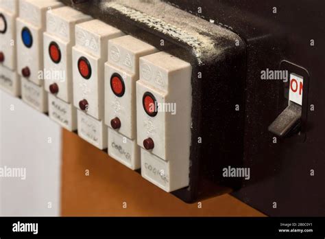 Close up detail of an old style row of domestic electricity fuses on a fuse board Stock Photo ...