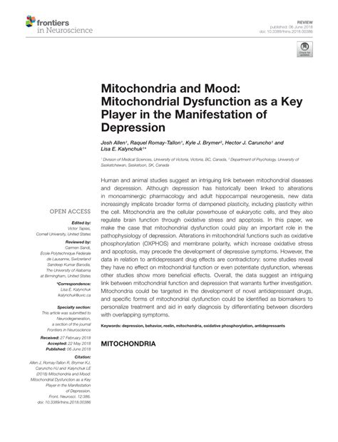 Mitochondria And Mood Mitochondrial Dysfunction As A Key Player In The