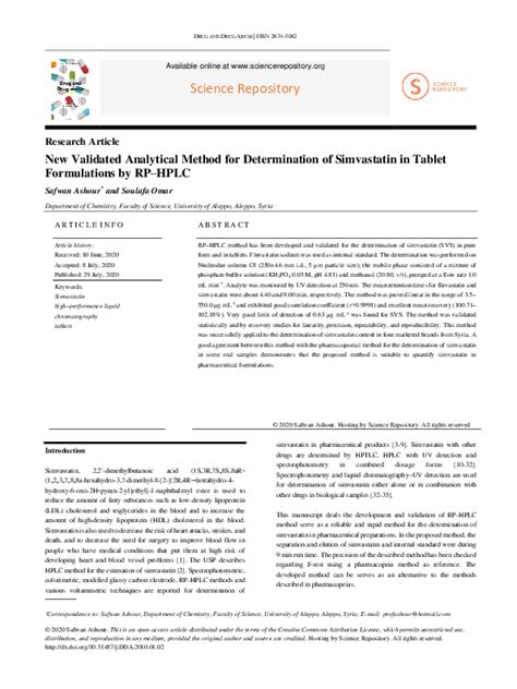 Pdf New Validated Analytical Method For Determination Of Simvastatin In Tablet Formulations By