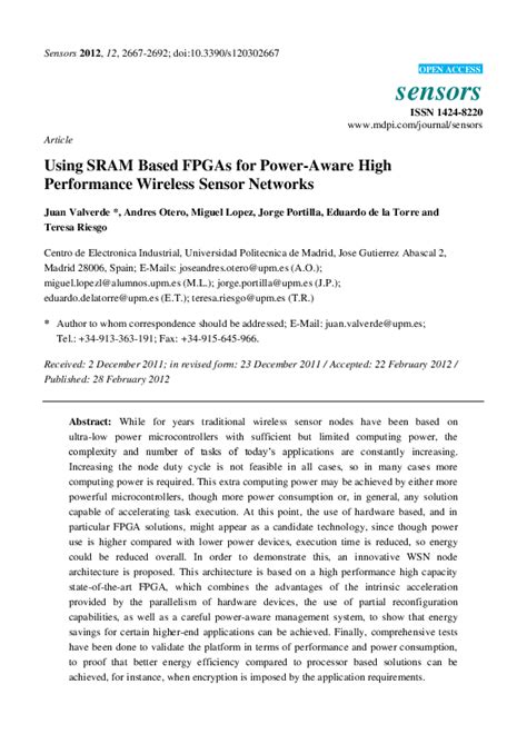 pdf using sram based fpgas for power aware high performance wireless sensor networks