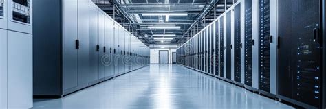Modern Data Center With Rows Of Servers Storage And Network Equipment Corridor View Stock