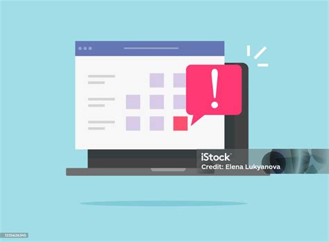노트북 컴퓨터 벡터 평면 만화에 중요한 날짜 또는 인터넷 일정 마감 시간 의제 알림 알림 온라인 웹 캘린더 페이지 현대 Pc 주최자 응용 프로그램 아이콘 이미지의 일러스트
