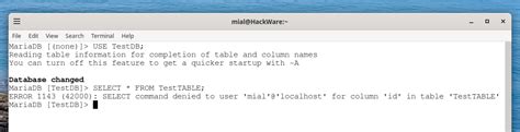 error “error 1143 42000 ” command denied to user for column in table