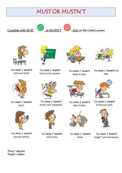 Must Mustnt In The Class Worksheet English As A Second Language