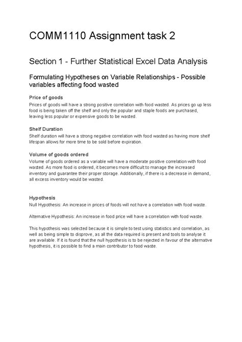 Comm1110 Assignment Task 2 Further Statistical Excel Data Analysis