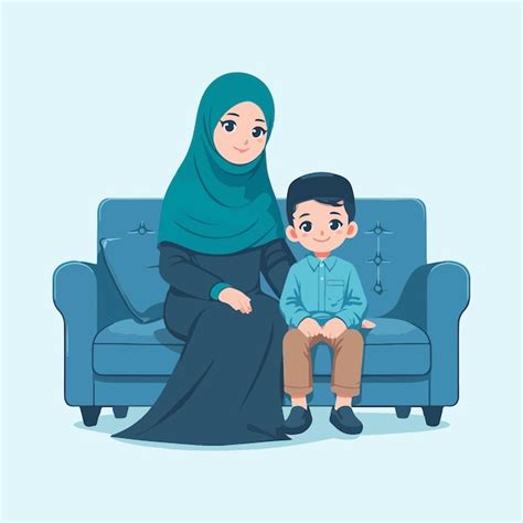 Premium Vector Muslim Mother And Son Sitting On The Sofa Together