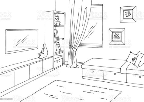 아이 방 그래픽 블랙 화이트 인테리어 스케치 그림 벡터 스케치에 대한 스톡 벡터 아트 및 기타 이미지 스케치 창문 커튼