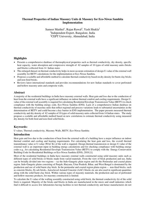 Pdf Thermal Properties Of Indian Masonry Units And Masonry For Eco Niwas Samhita Implementation