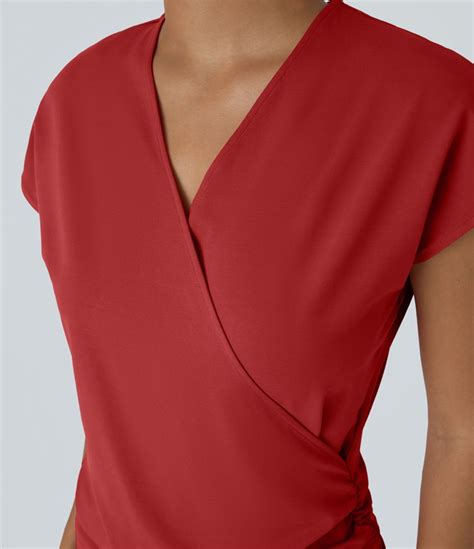 Womens V Neck Cap Sleeve Crossover Ruched Solid Work Blouse Halara