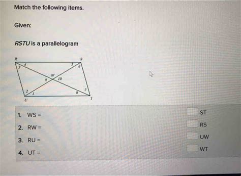 solved match the following items given rstu is a parallelogram 1 ws