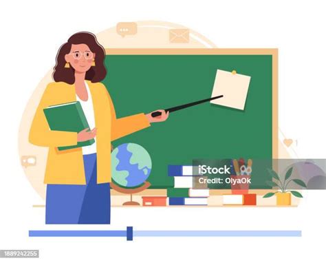 온라인 학습 개념입니다 책과 칠판 비디오 레슨을 하는 여교사 교실에서 여교사가 수업을 설명하는 컴퓨터 화면 디지털 교실 평면 벡터 그림입니다 교사 교육 관련 직업에 대한