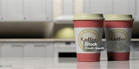 커피 컵 오렌지 모호한 부엌 배경에서 나무 카운터에 뚜껑 2 공간 3d 그림을 복사합니다 0명에 대한 스톡 사진 및 기타 이미지