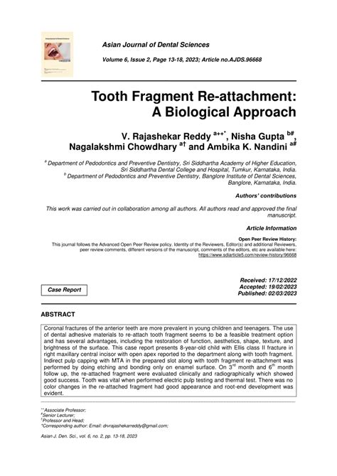 Pdf Tooth Fragment Re Attachment A Biological Approach