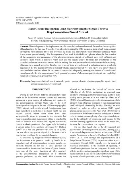 Pdf Hand Gesture Recognition Using Electromyographic Signals Throw A