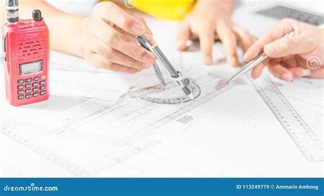 Hands Of Engineer Working Design On Blueprintconstruction Concept Stock Image Image Of Desk