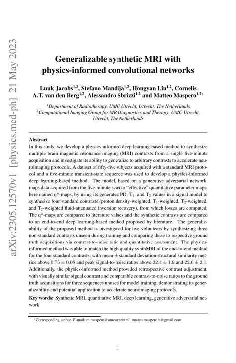 Pdf Generalizable Synthetic Mri With Physics Informed Convolutional