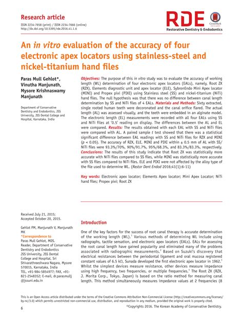 Pdf An In Vitro Evaluation Of The Accuracy Of Four Electronic Apex Locators Using Stainless