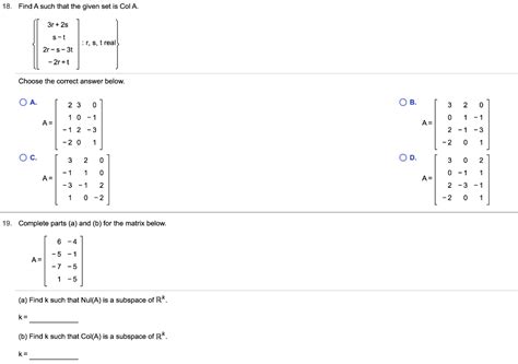 Solved Find A Such That The Given Set Is Col A R S Chegg