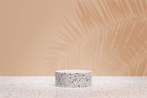 화장품 디스플레이 제품 스탠드 야자수 잎 그림자와 파스텔 갈색 배경테라초 스톤 실린더 연단 3d 렌더링 그림 0명에 대한 스톡 사진 및 기타 이미지 Istock