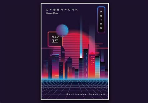 Synthwave Poster Template With Red Sunset Polar Vectors