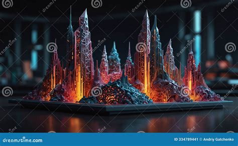 Detailed 3d Printed Model Of Futuristic Cityscape With Illuminated Geometric Structures Stock