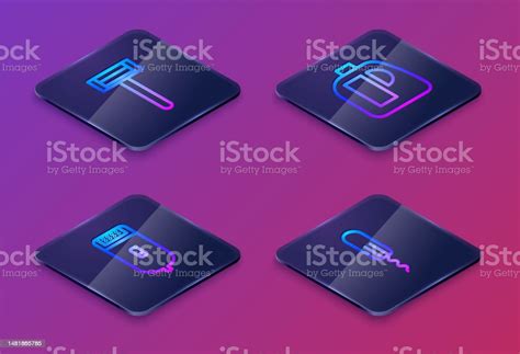 아이소메트릭 라인 면도기 전기 헤어 클리퍼 면도기 세척제 병 및 위생 탐폰을 설정합니다 파란색 사각형 버튼 벡터 3차원 형태에 대한 스톡 벡터 아트 및 기타 이미지 Istock