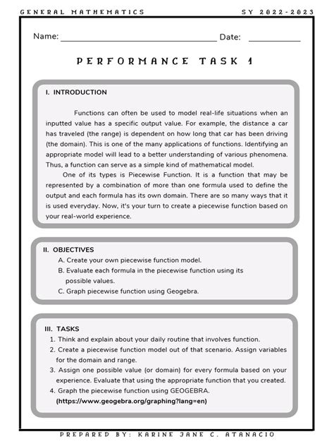 Performance Task 1 Piecewise Function Pdf Function Mathematics