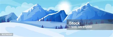 야외 관광 활동 겨울철 경치 좋은 눈 덮인 산 풍경입니다 높은 봉우리 가파른 바위 모험 등반과 여행 서리와 추위 소나무 숲 벡터 일러스트 레이 션 0명에 대한 스톡 벡터
