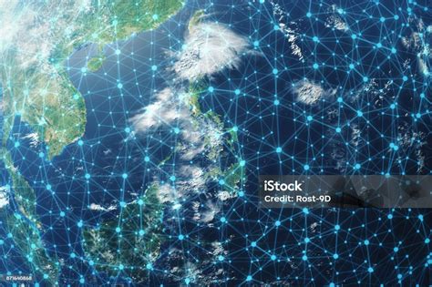 3d 렌더링 공간에서 지구를 통해 네트워크와 데이터 교환 연결 라인 지구 지구 주위 글로벌 국제 연결 Nasa에서 제공 하는이 이미지의 요소 데이터에 대한 스톡 사진 및