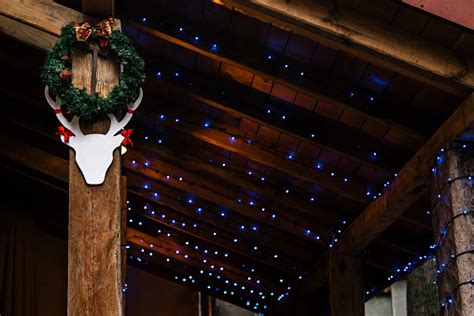 세련 된 크리스마스 사슴 및 화 환과 화 환 조명 도시에서 휴일에 대 한 축 하 행사 장식 갈란드 장식품에 대한 스톡 사진 및 기타 이미지 Istock