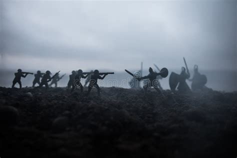 Battle Scene Military Silhouettes Fighting Scene On War Fog Sky