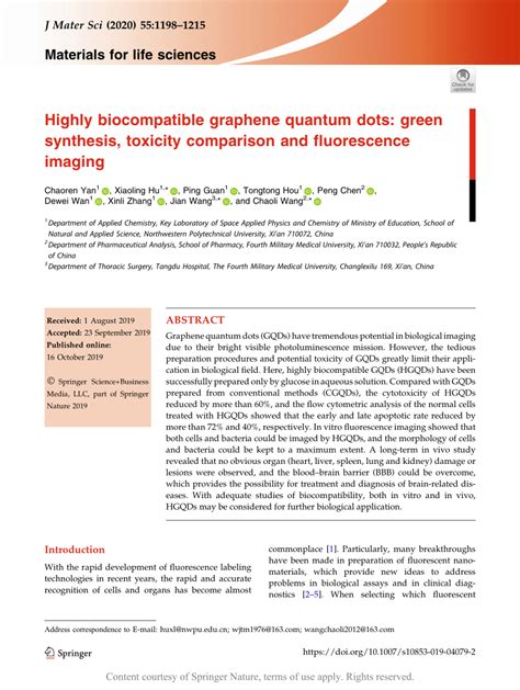 Highly Biocompatible Graphene Quantum Dots Green Synthesis Toxicity