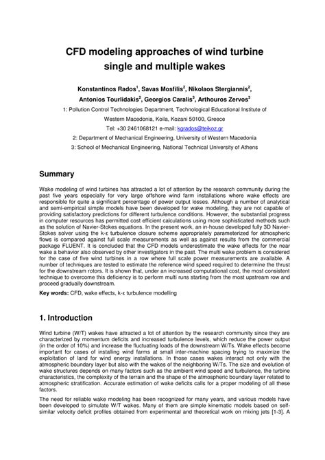 Pdf Cfd Modeling Approaches Of Wind Turbine Single And Multiple Wakes