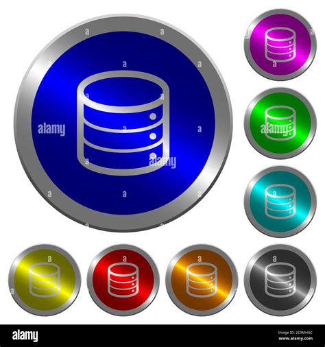 Single Database Icons On Round Luminous Coin Like Color Steel Buttons