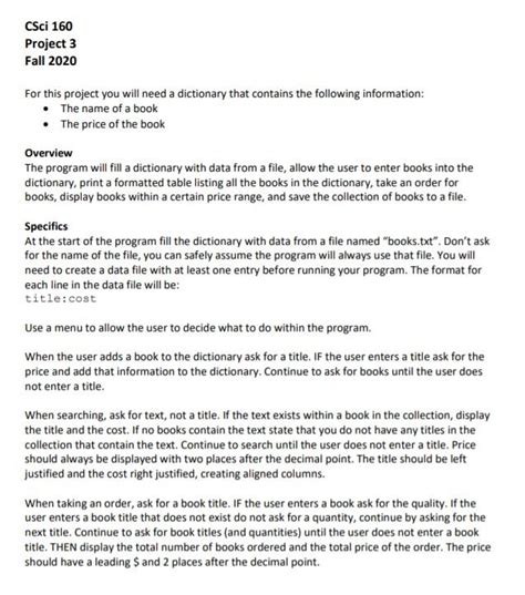 CSci 160 Project 3 Fall 2020 For This Project You Chegg Com